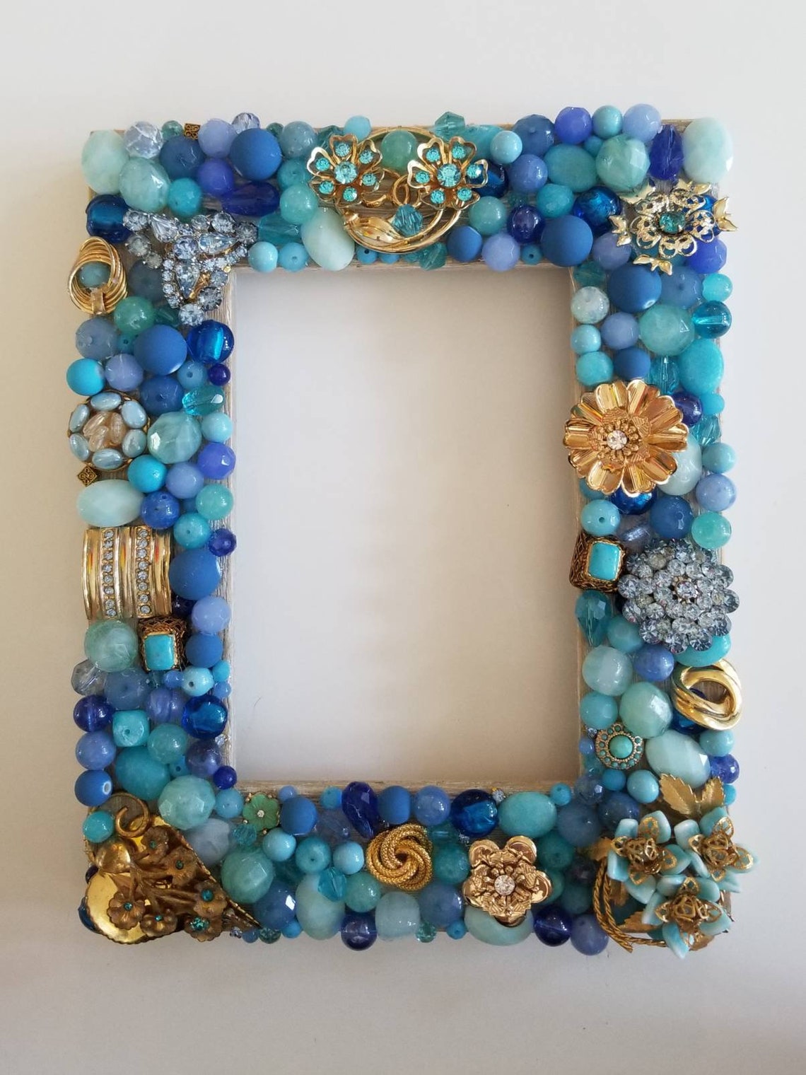 Blue and Gold 4x6 Inch Picture Frame Decorated With Vintage Jewelry - Etsy