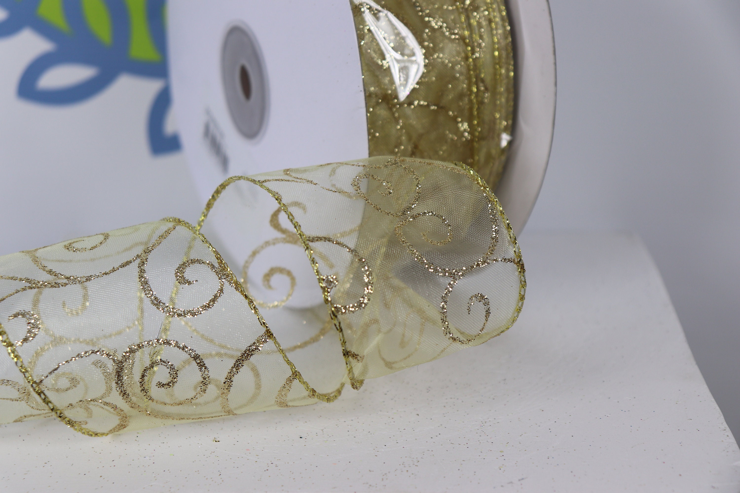 Gold Swirl Wired Ribbon Gold Wired Ribbon Gold Glitter Swirl | Etsy