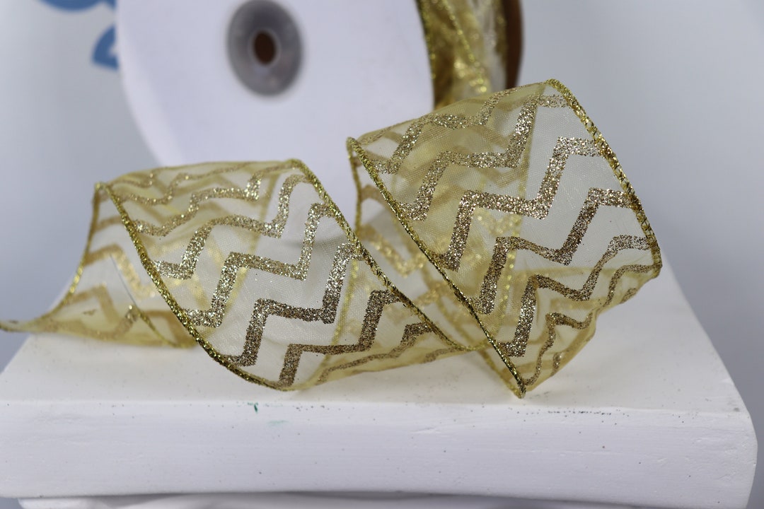 Gold Glittered Chevron Ribbon, Gold Glittered Christmas Wired Ribbon ...