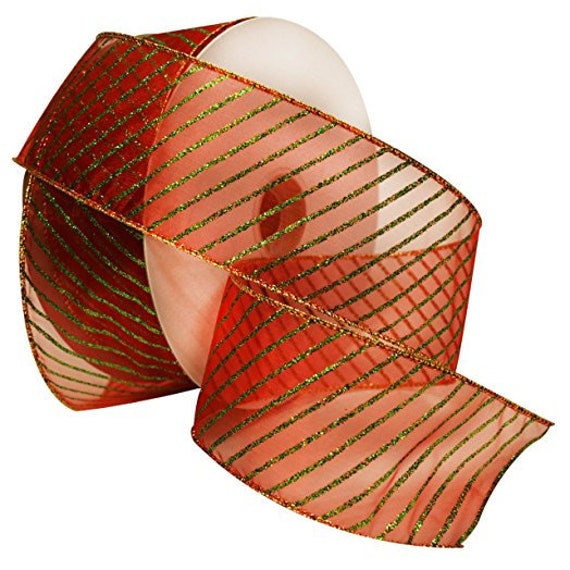 Red Green Striped Wired Christmas Ribbon, Wired Ribbon, 50 yard Wired ...