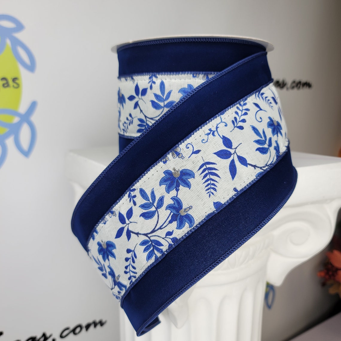 Floral Vine Velvet Wired Ribbon Blue White Wired Ribbon - Etsy