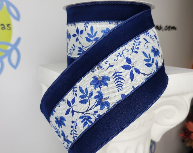 Floral Vine Velvet Wired Ribbon Blue White, Wired Ribbon, French ...