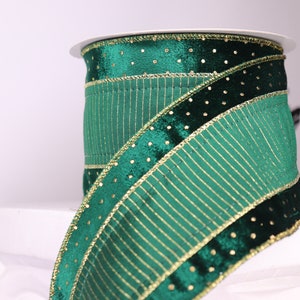 Emerald Green Velvet Wired Ribbon With Stripes and Dots, Craft Supply ...