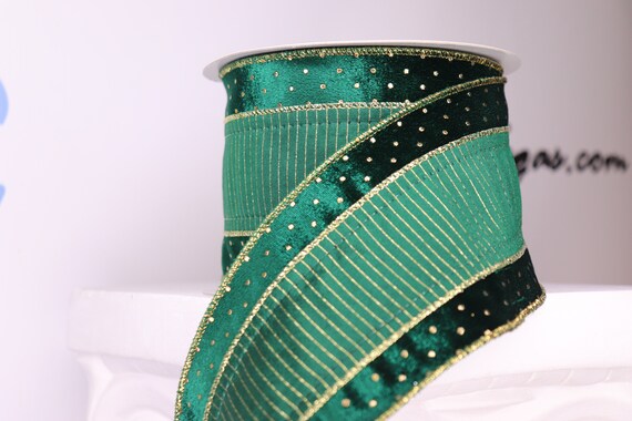 Emerald Green Velvet Wired Ribbon with stripes and dots, Craft Supply ...