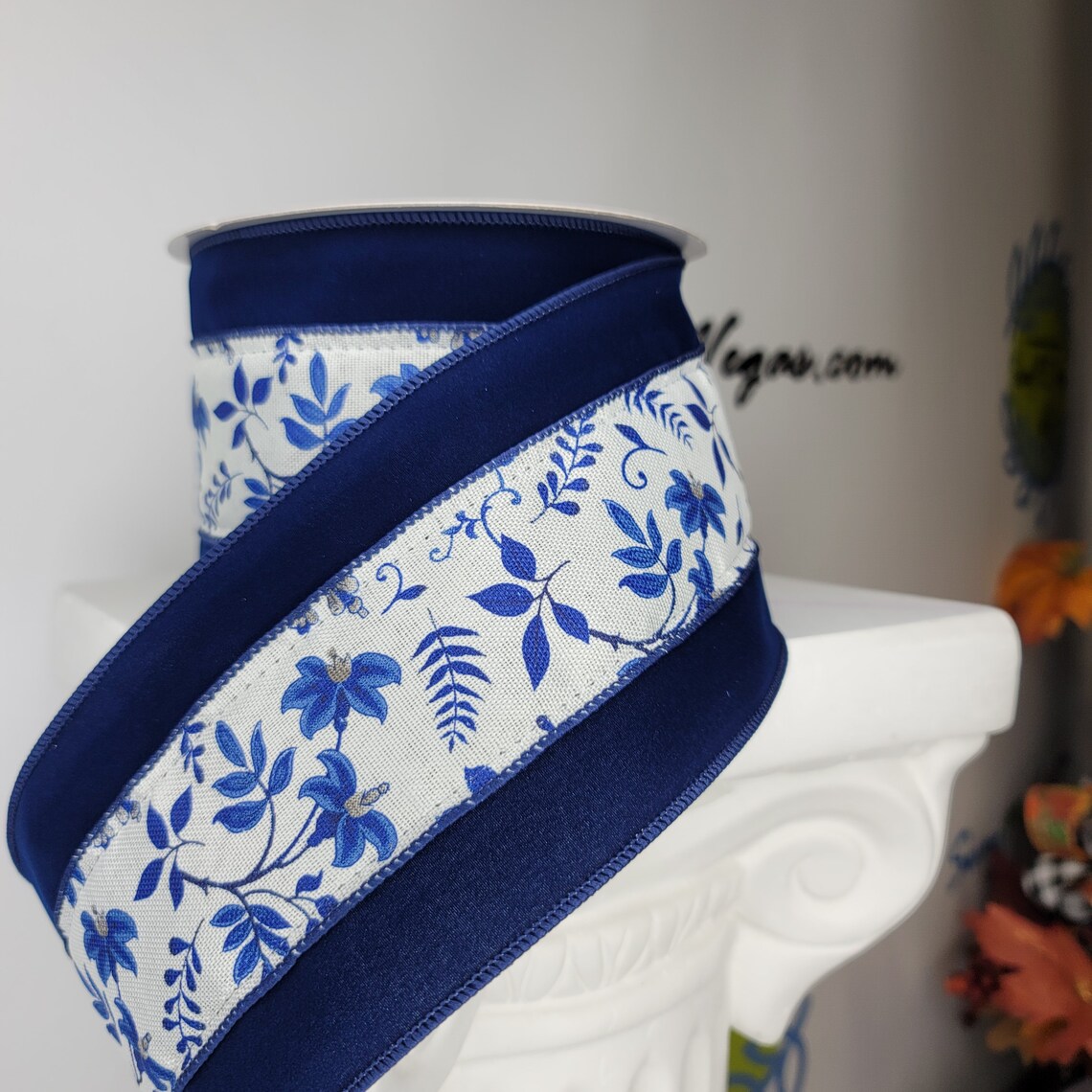 Floral Vine Velvet Wired Ribbon Blue White Wired Ribbon - Etsy