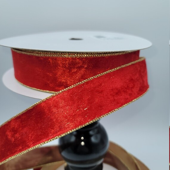 Red Gold Velvet Christmas Wired Ribbon, 25 yards or 10 yard wired ...