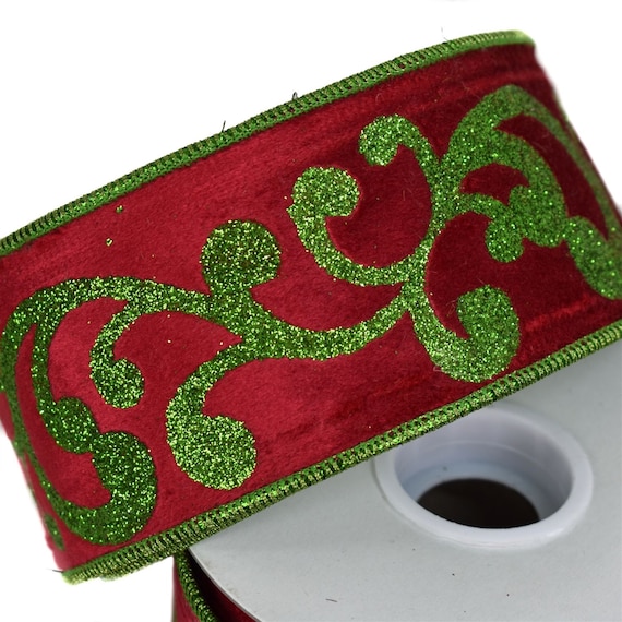 Royal Red Velvet Wired Ribbon with Lime Glitter Scroll, Wired Christmas ...