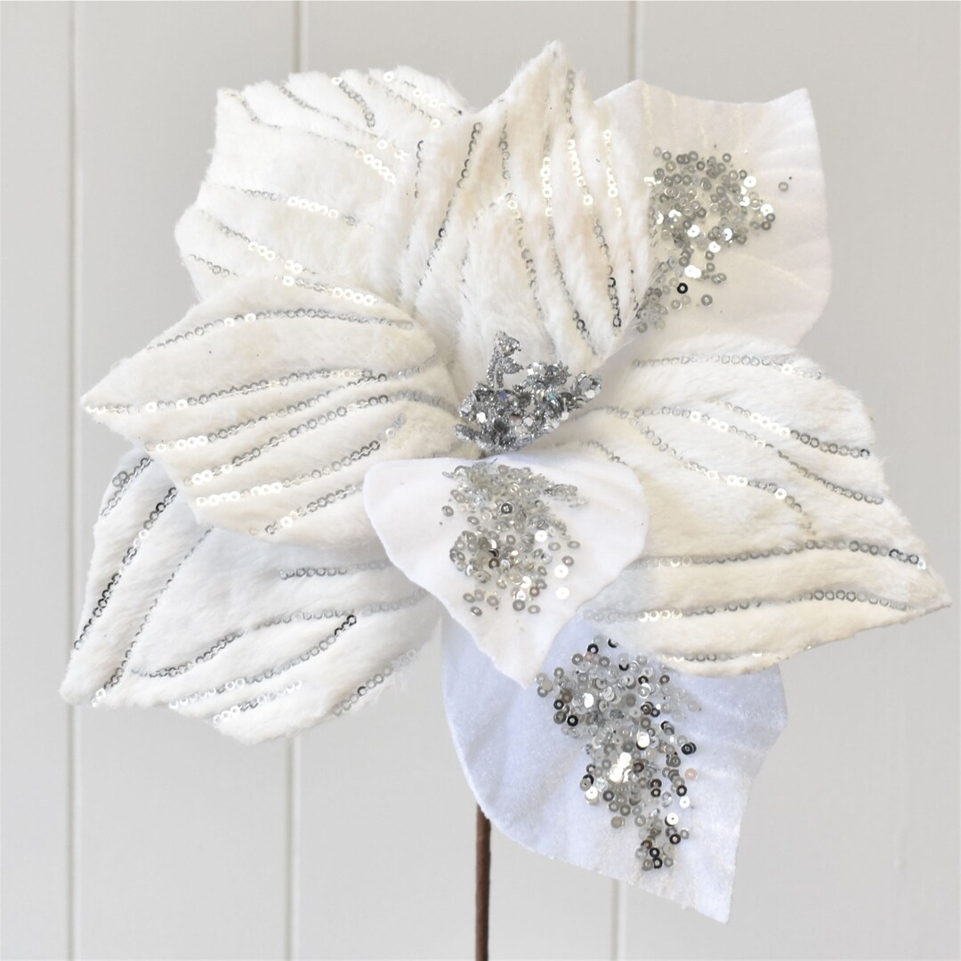 Velvet Fur Glitter Poinsettia Floral Stem White Silver, Christmas ...