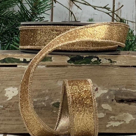 Glitter Metallic Backed Gold Wired Ribbon, 1 inch Luxurious Ribbon ...