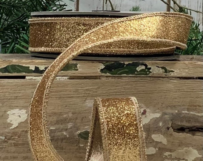 Glitter Metallic Backed Gold Wired Ribbon, 1 Inch Luxurious Ribbon ...