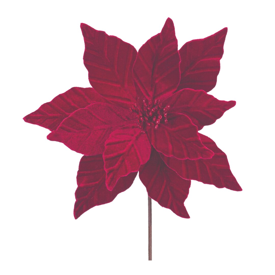 Velvet Burgundy Poinsettia Floral Stem, Glitter Burgundy Christmas ...