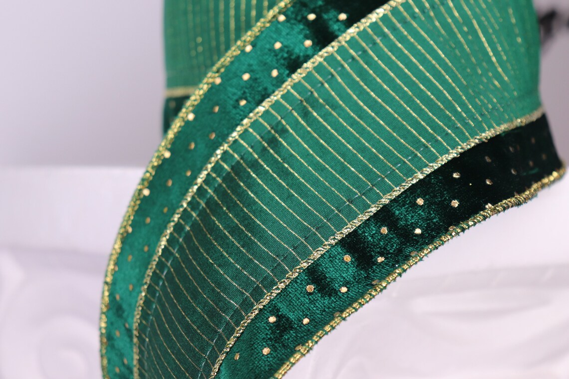 Emerald Green Velvet Wired Ribbon With Stripes and Dots Craft | Etsy