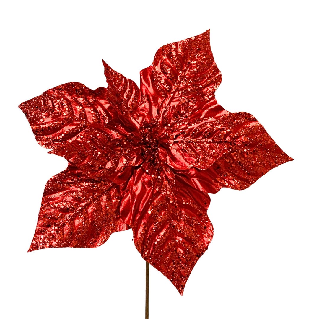 Red Metallic Extra Large Glitter Edge Tips Poinsettia Floral Stem ...