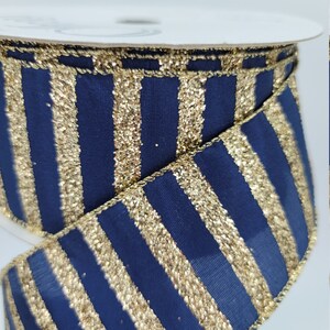 Blue Gold Glitter Striped Wired Ribbon, Christmas Tree Decor, Craft ...