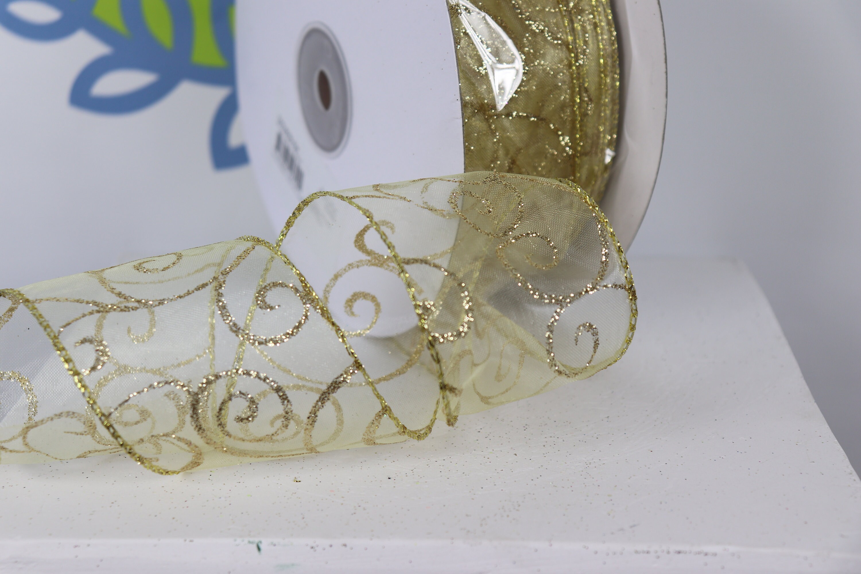 Gold Swirl Wired Ribbon Gold Wired Ribbon Gold Glitter Swirl | Etsy