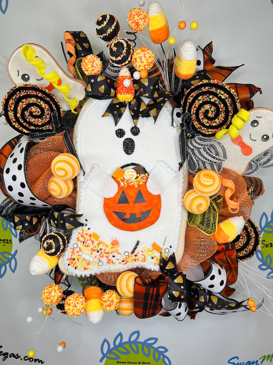 Halloween Candy Corn Ghost Wreath, Ghost Decor, Whimsical Wreath ...