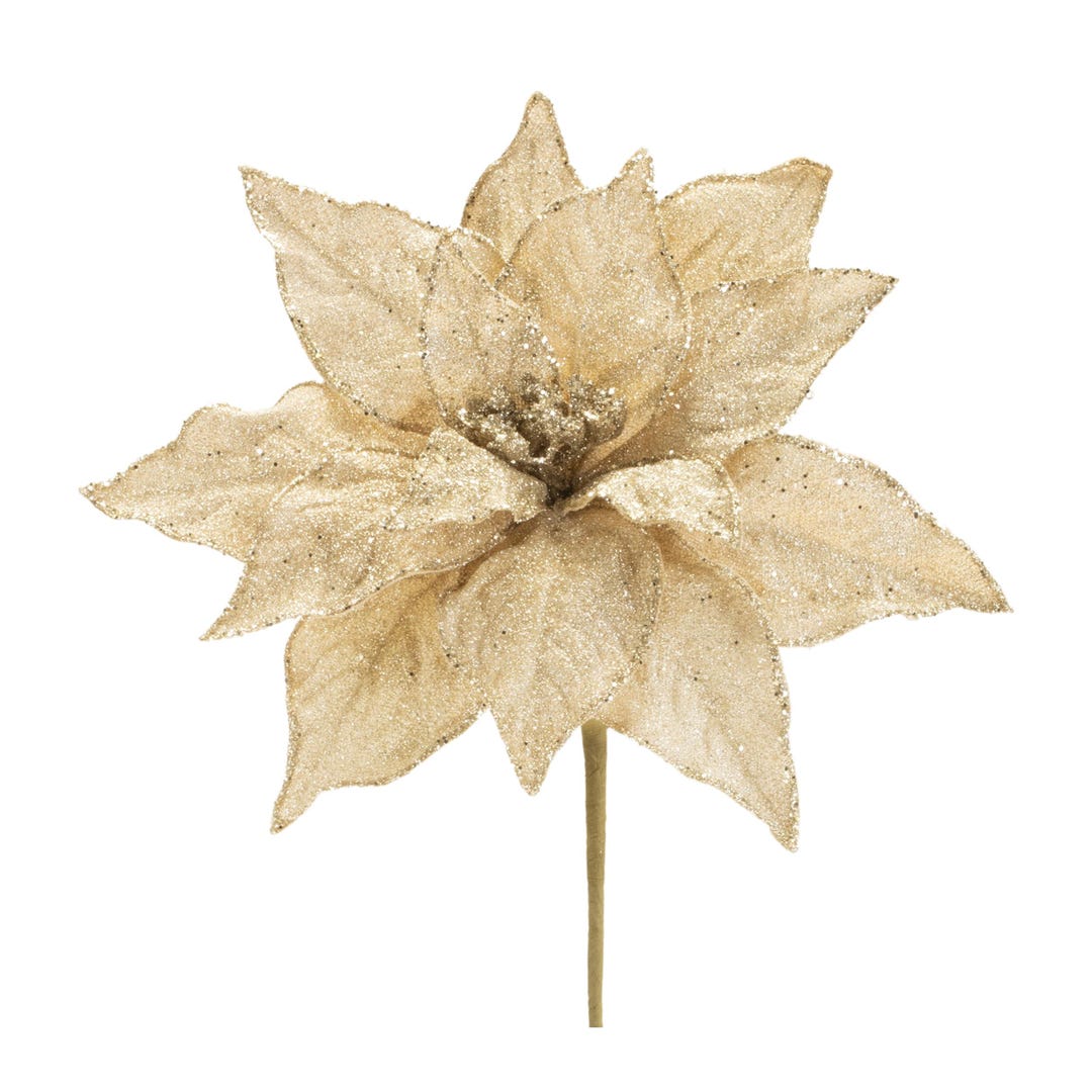 Champagne Gold Metallic Sequin Edge Tips Poinsettia Floral Stem ...