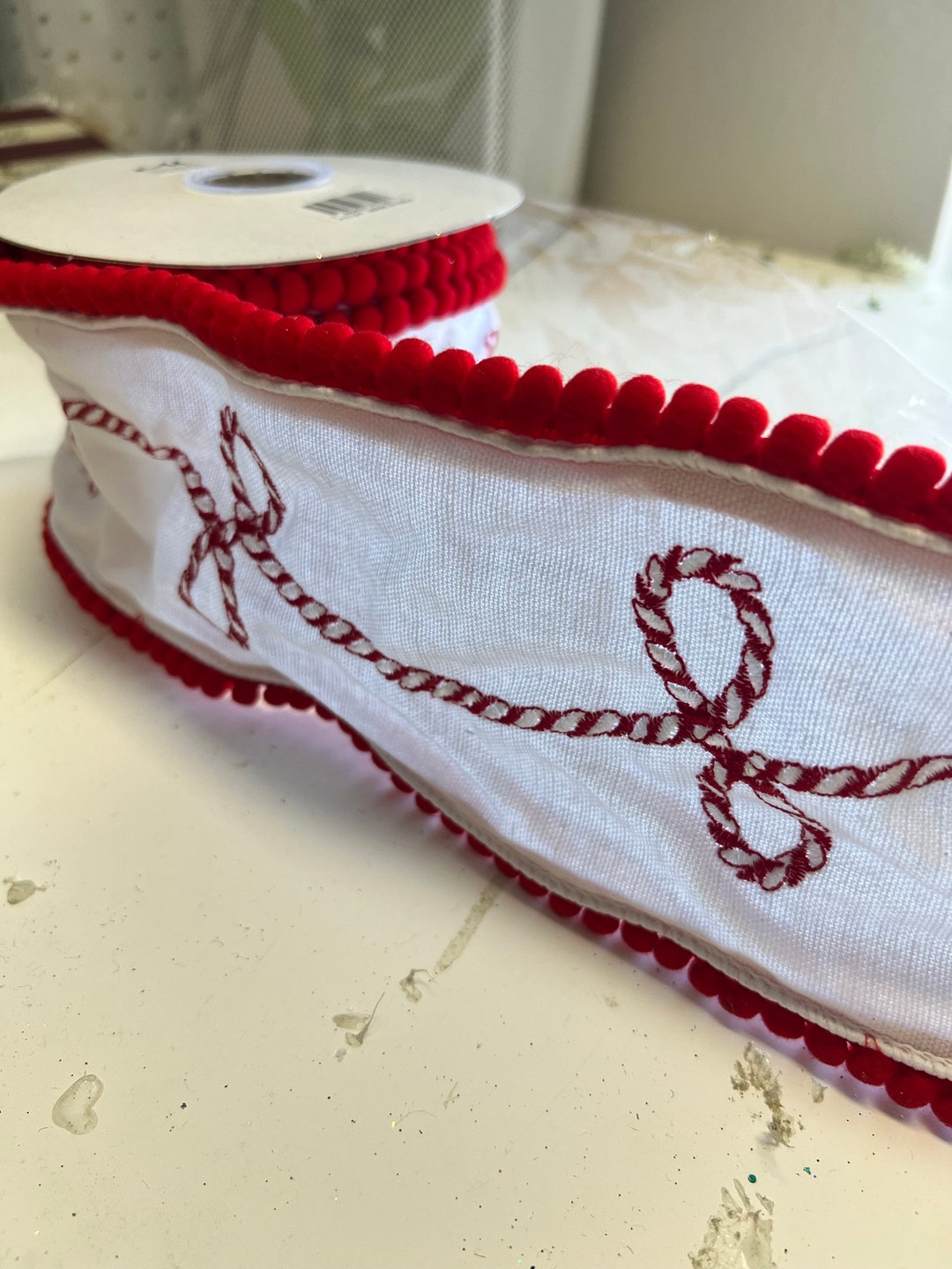 Red White Wired Cotton Embroidered Ribbon, Christmas Wired Ribbon, Red ...
