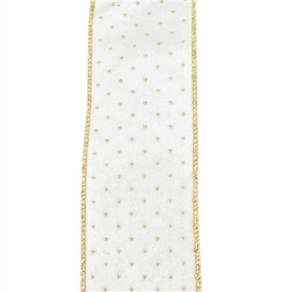 Royal White Velvet Wired Ribbon with Metallic gold dots, Craft Supply ...