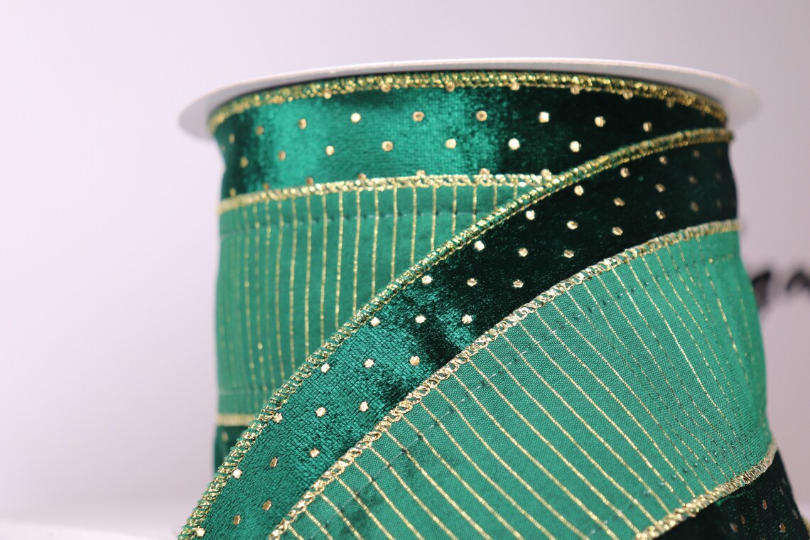 Emerald Green Velvet Wired Ribbon With Stripes and Dots Craft | Etsy