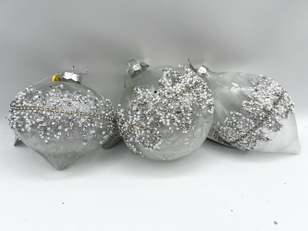 Beaded Glass Christmas Ornaments Set: Frosted Icy Glam Decor - Etsy