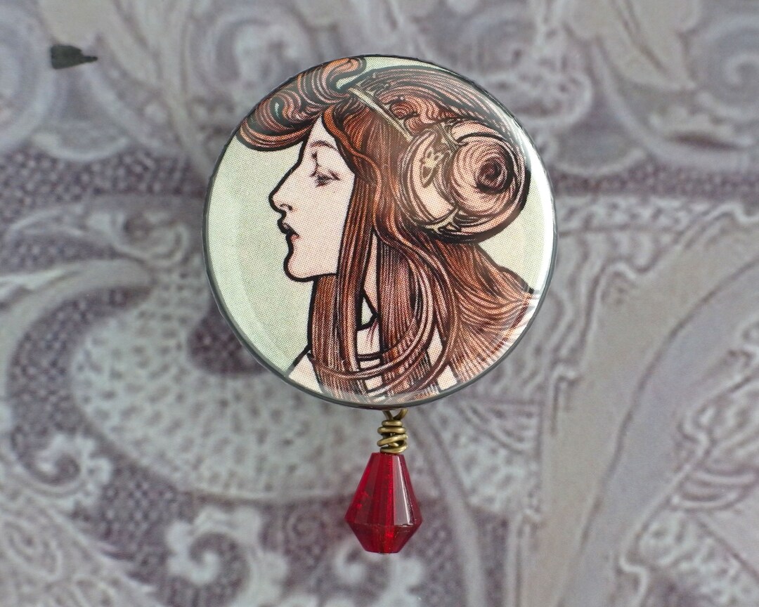 Unique Art Nouveau Wearable Art Button, Alphonse Mucha Style, Romantic ...