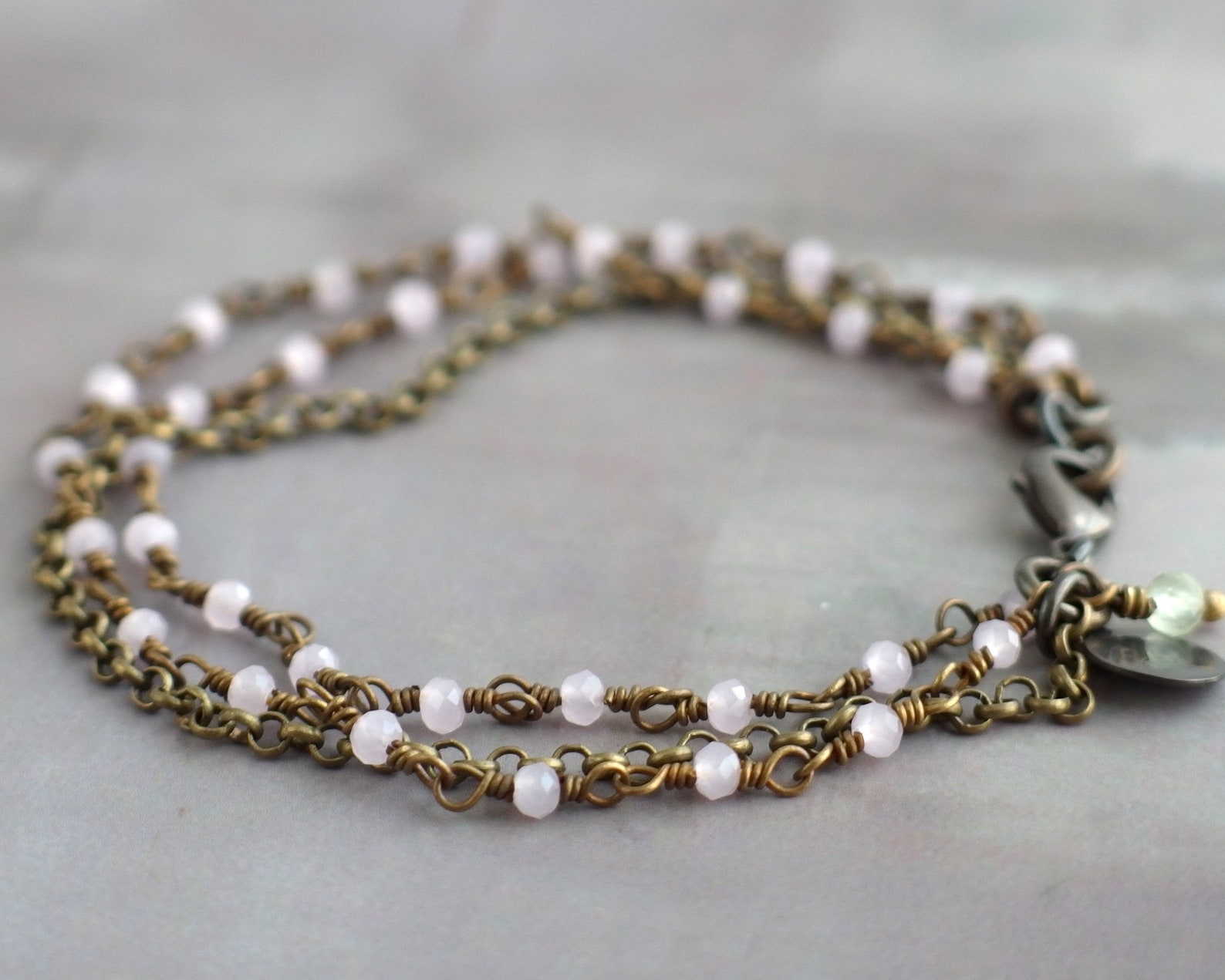 Pink Crystal Rosary Chain Bracelet, Brass Bead Chain Bracelet, Feminine ...