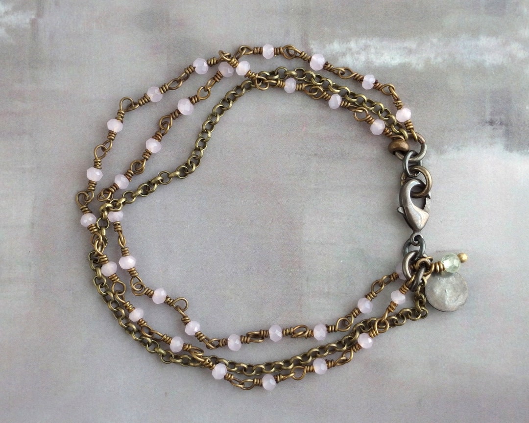 Pink Crystal Rosary Chain Bracelet, Brass Bead Chain Bracelet, Feminine ...