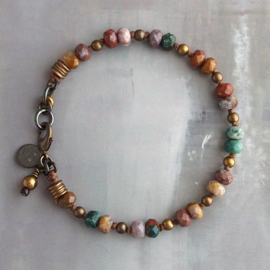 Rustic Ocean Jasper Bracelet, Knotted Stone Bracelet With Jewel Tone Beads, Brass and Gemstone ...