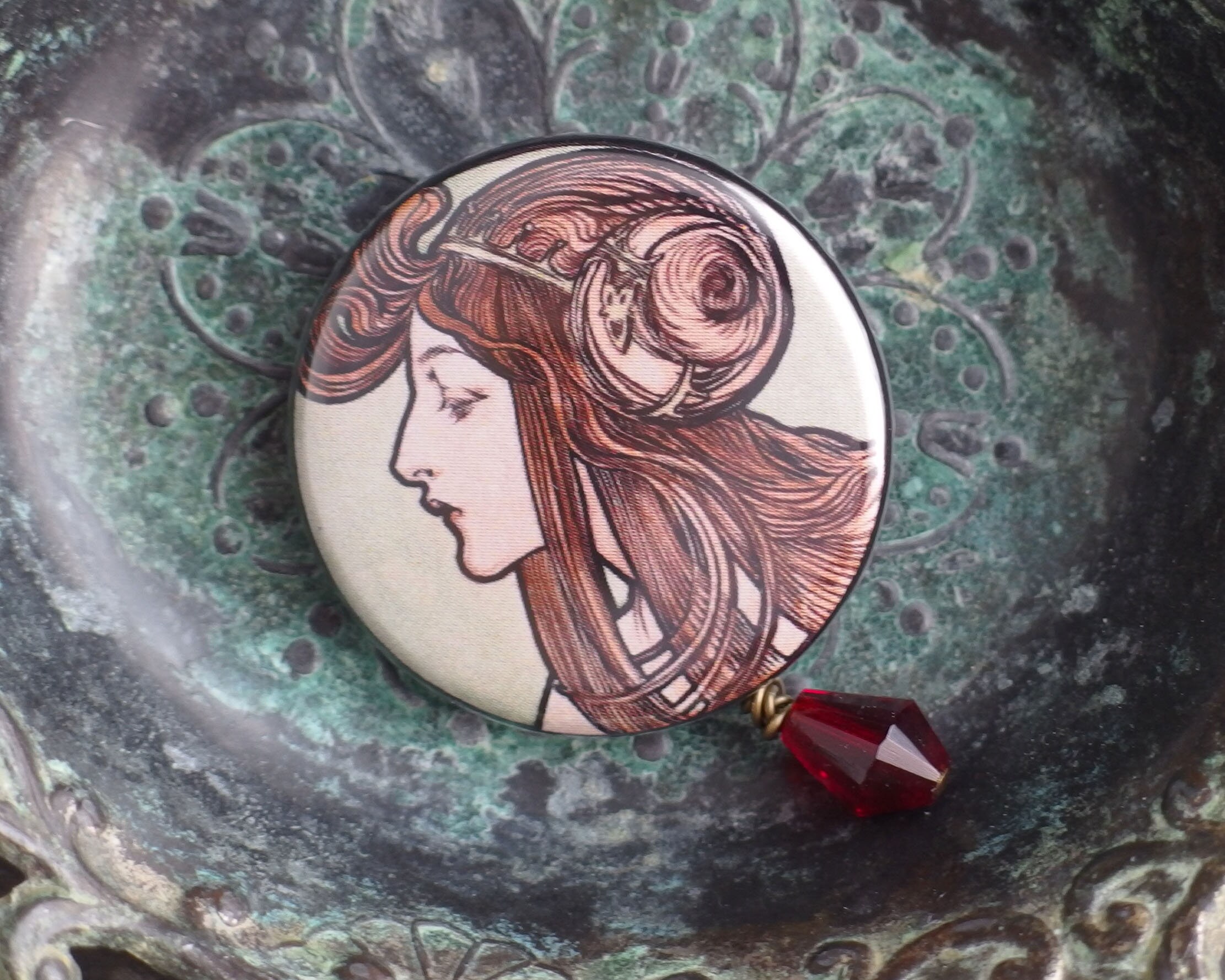 Unique Art Nouveau Wearable Art Button, Alphonse Mucha Style, Romantic ...