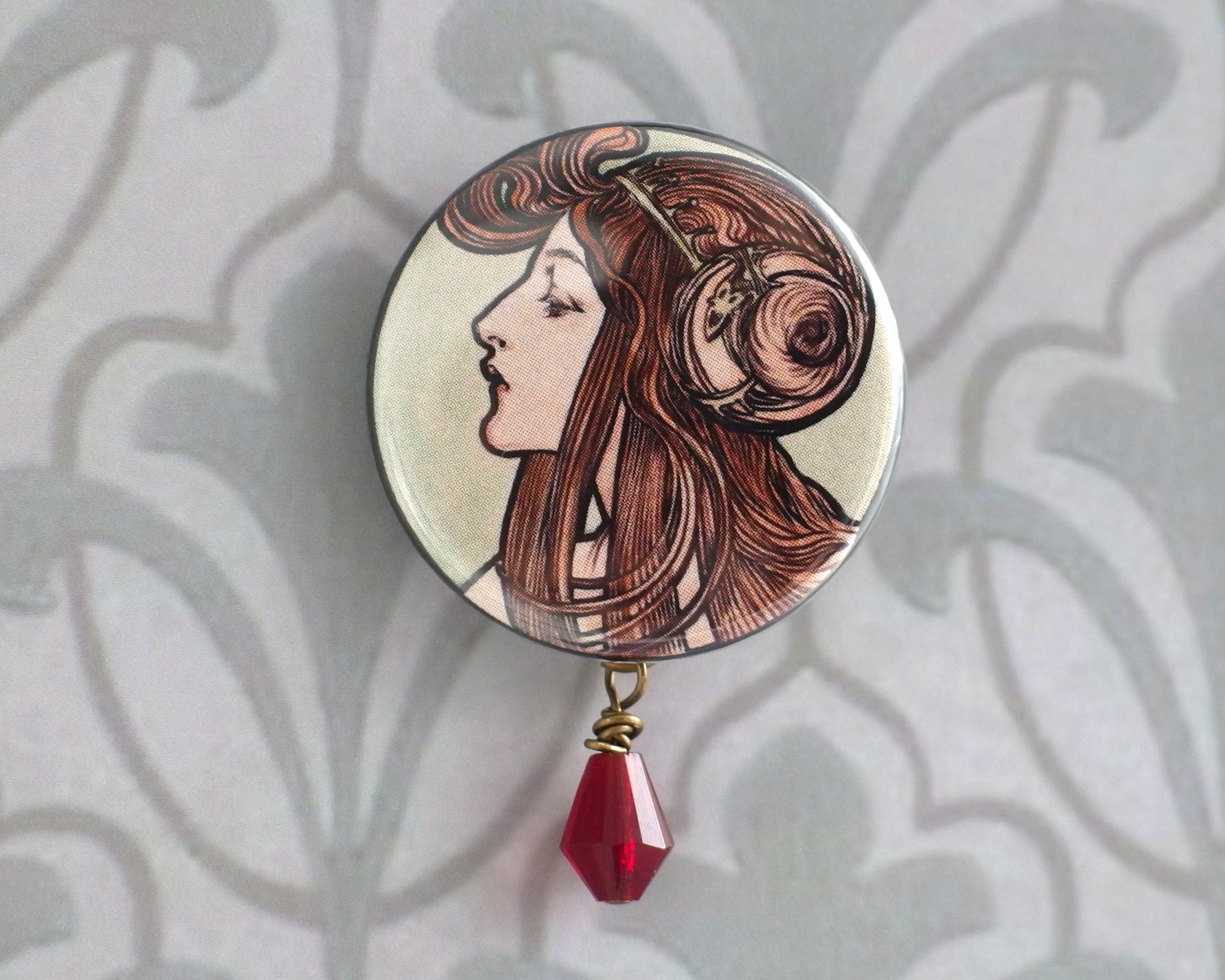 Unique Art Nouveau Wearable Art Button, Alphonse Mucha Style, Romantic ...