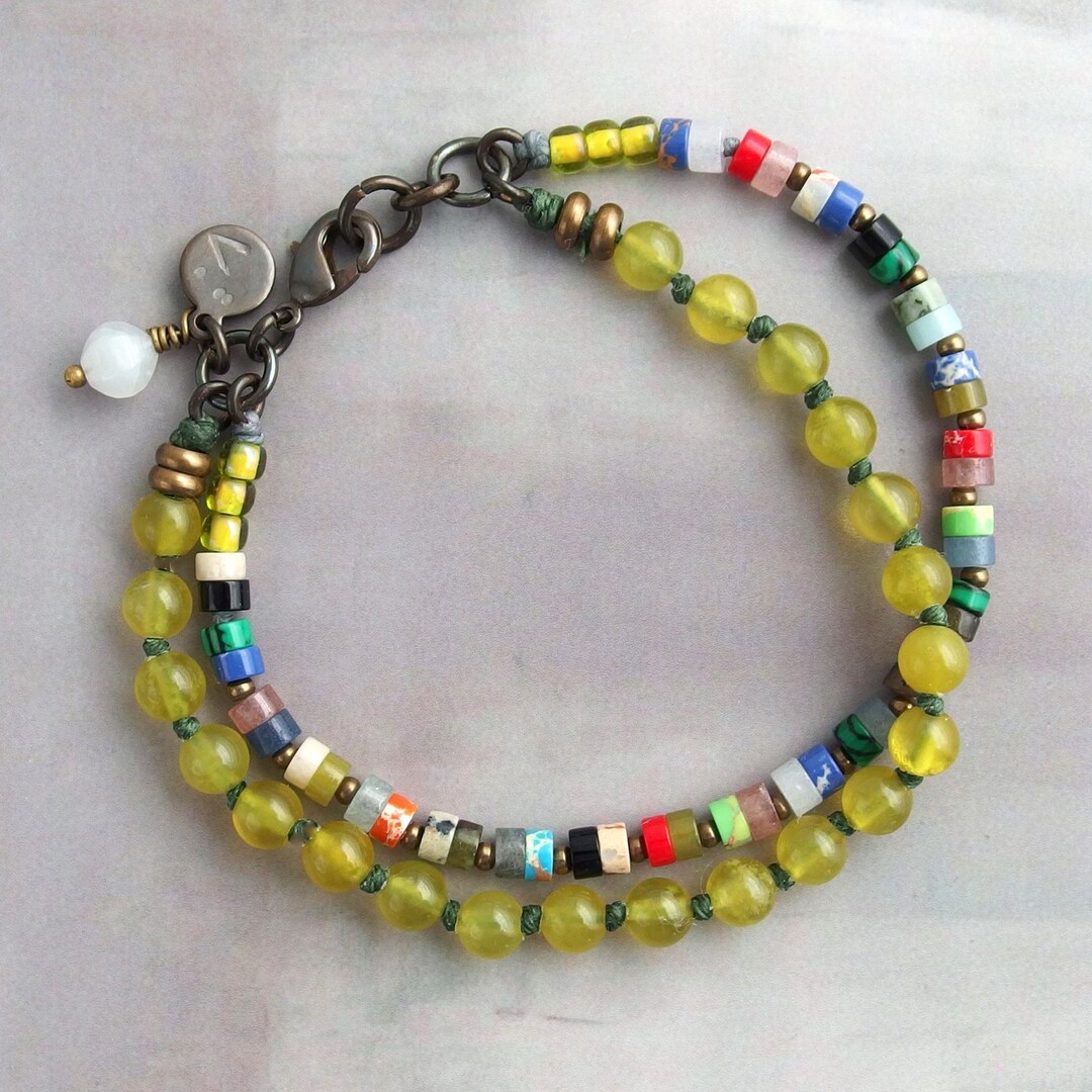 Natural Peridot and Multi Stone Bracelet, Double Strand, Olive Green ...