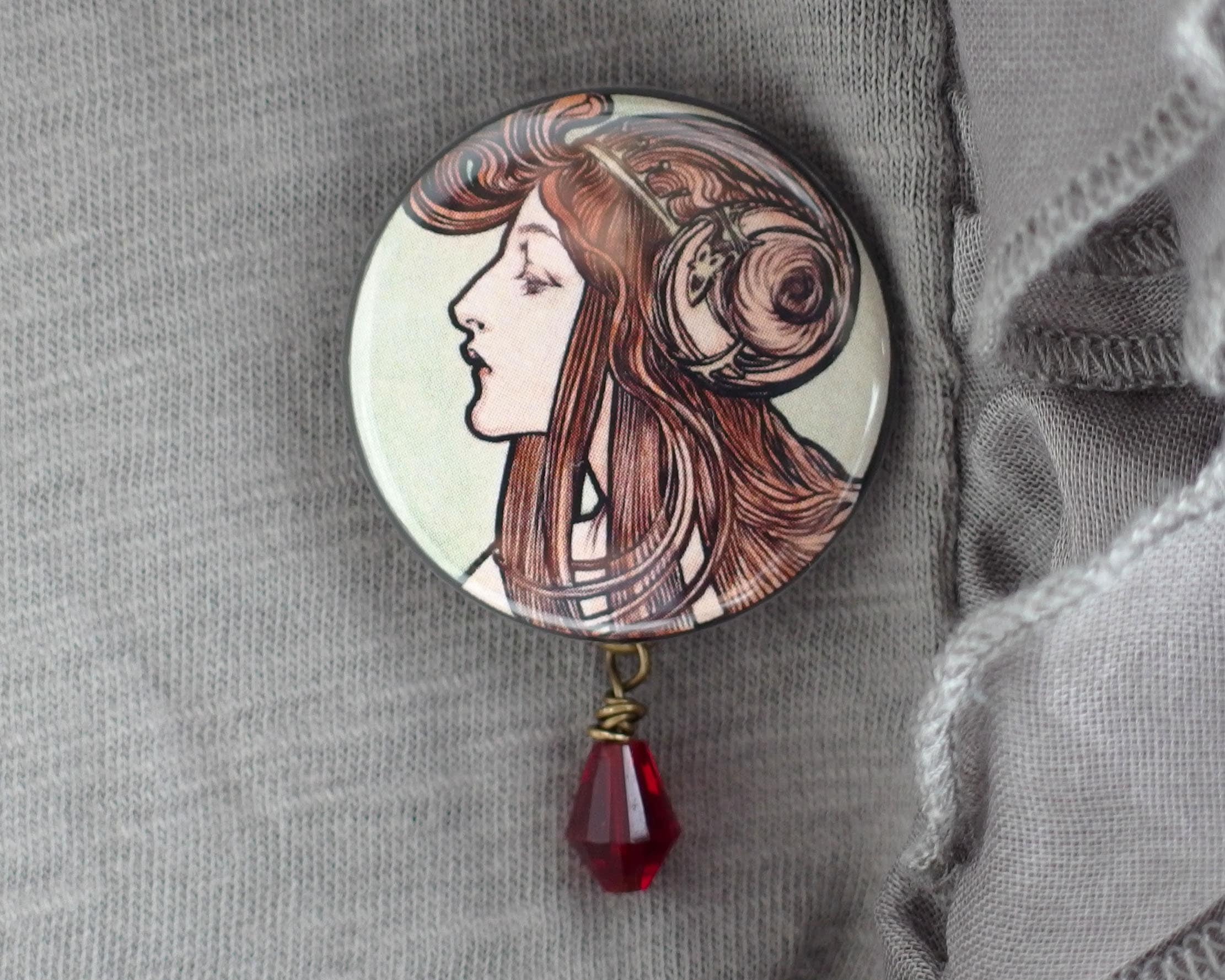 Unique Art Nouveau Wearable Art Button, Alphonse Mucha Style, Romantic ...