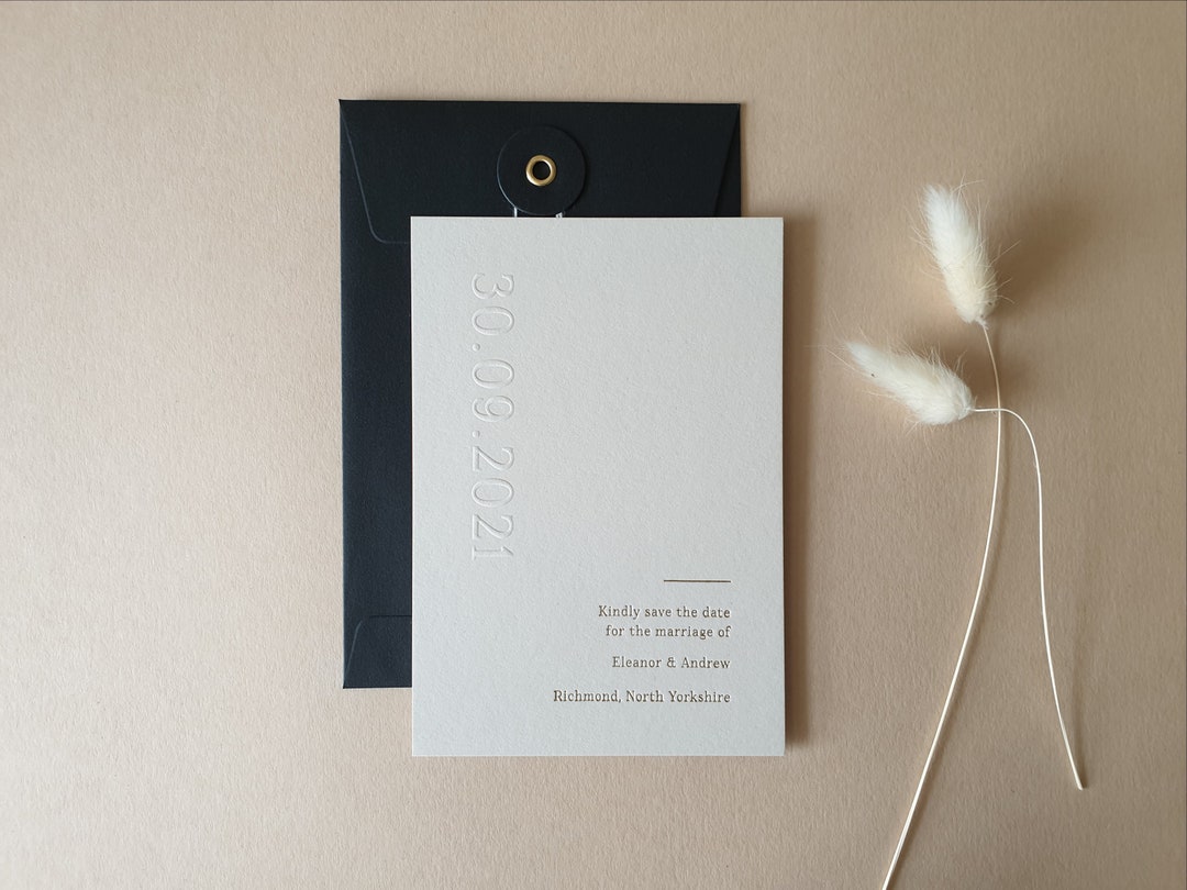 Gold Foil and Embossed Wedding Save the Date Card, Modern, Minimal ...