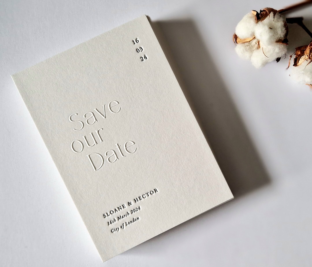 Letterpress and Embossed Wedding Save the Date Card, Modern, Minimal ...