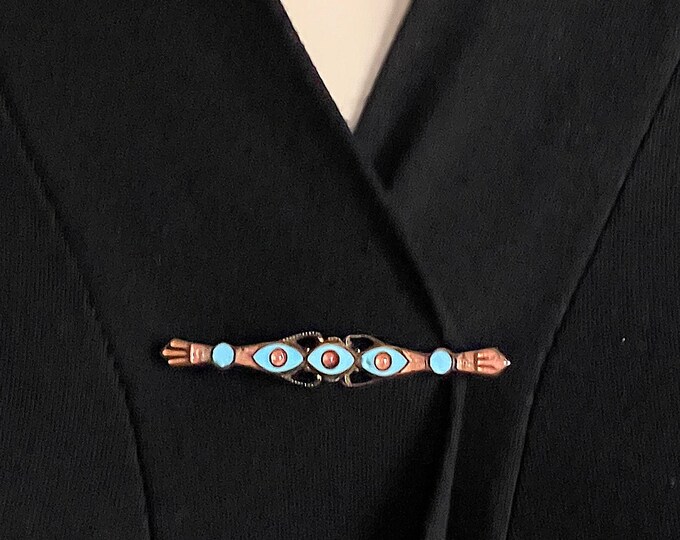 1920's-30's Copper and Enamel Art Deco Bar Pin, Peach and Blue Enamel ...