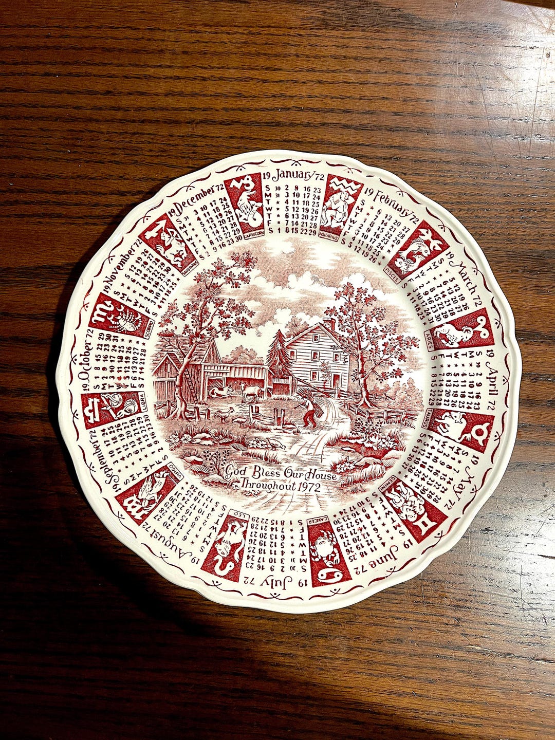 1972 Alfred Meakin, Staffordshire England, Red Transfer Ware Calendar ...