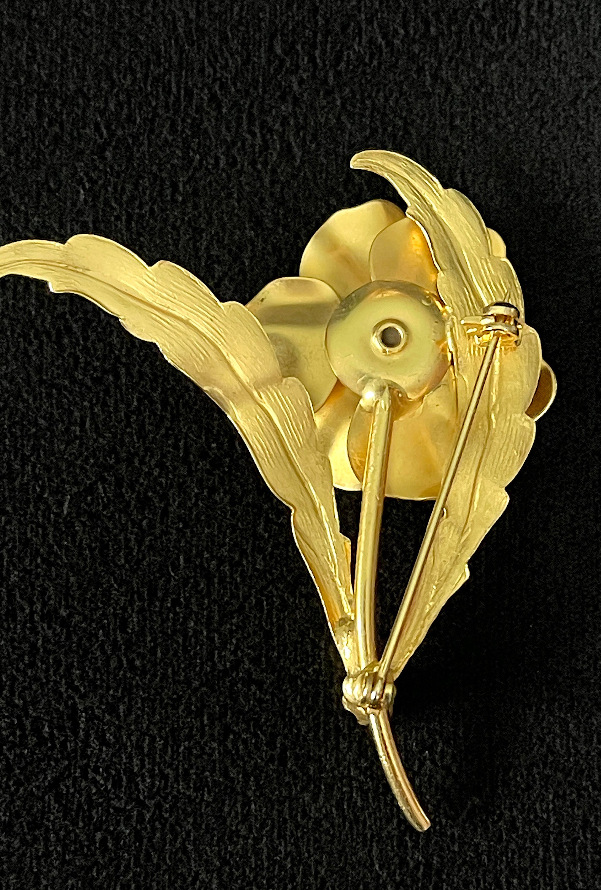 1950's Matte Gold Tone Layered Flower W Stem/leaves Brooch, Prong Set ...