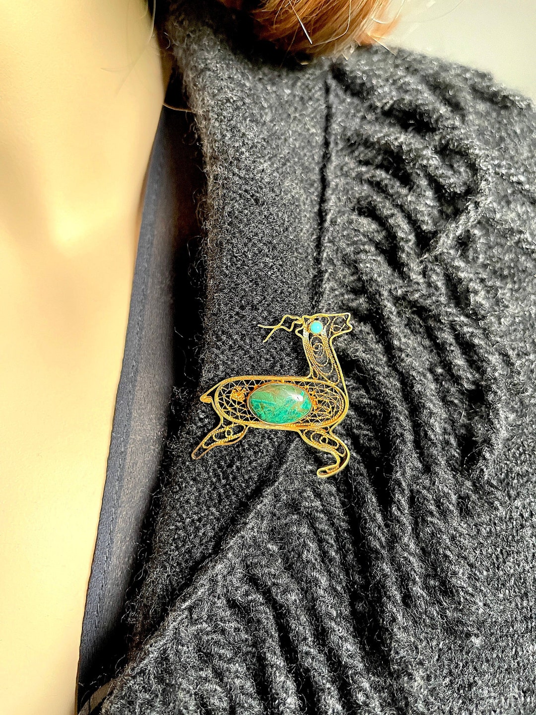 1960's-1980's Gold Washed Silver Filigree Deer Pin W Oval Eilat Body N ...