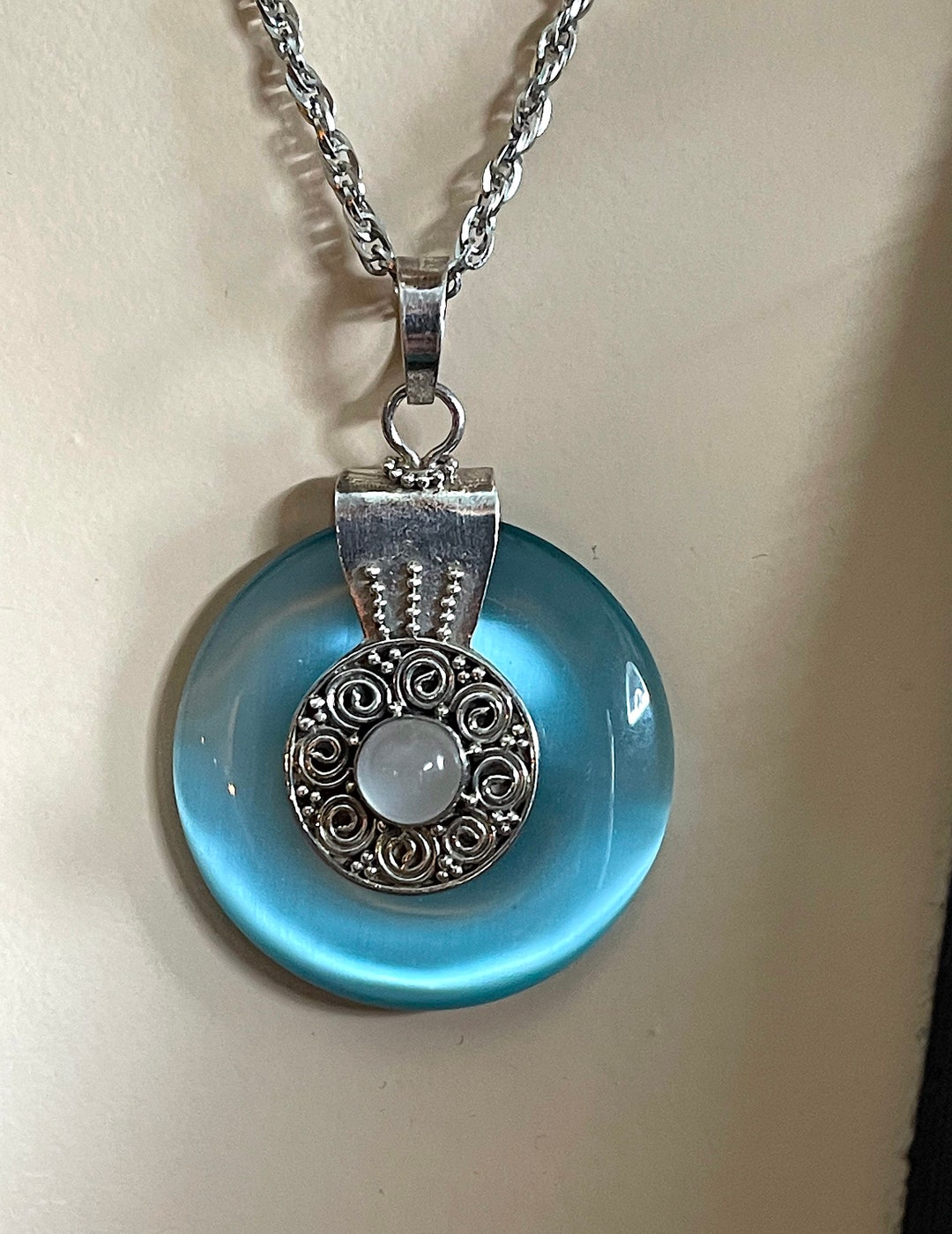 VTG Blue Cat's Eye Pendant "bi" W an Ornate Sterling Center Small ...