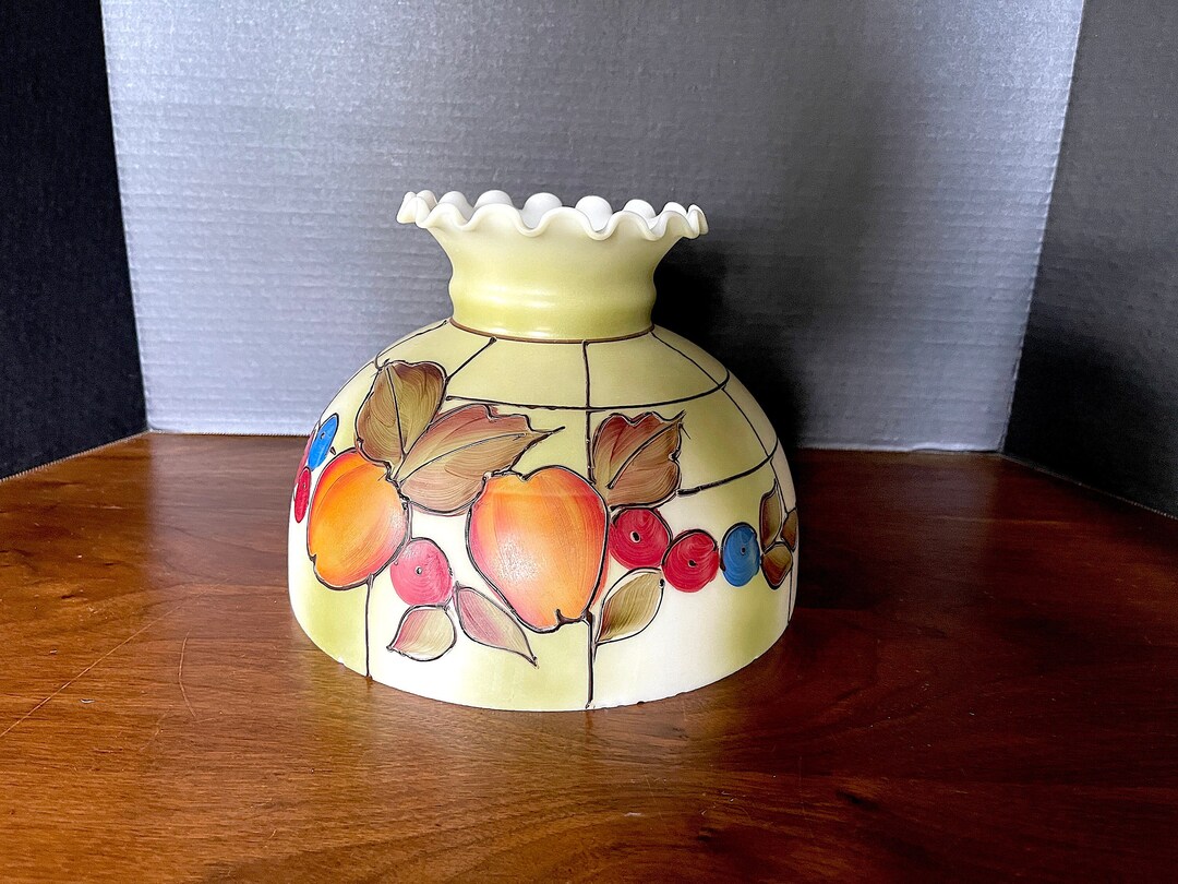 1970's Glass Hurricane Shade, Faux Stained Glass, Hand Painted Fruit ...