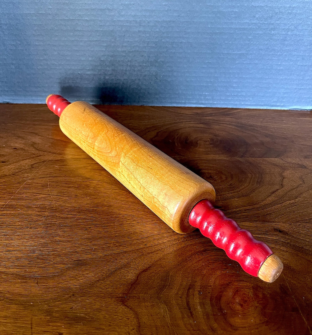1930's-40's Solid Maple Rolling Pin, Red Painted Ribbed Textured Hollow ...