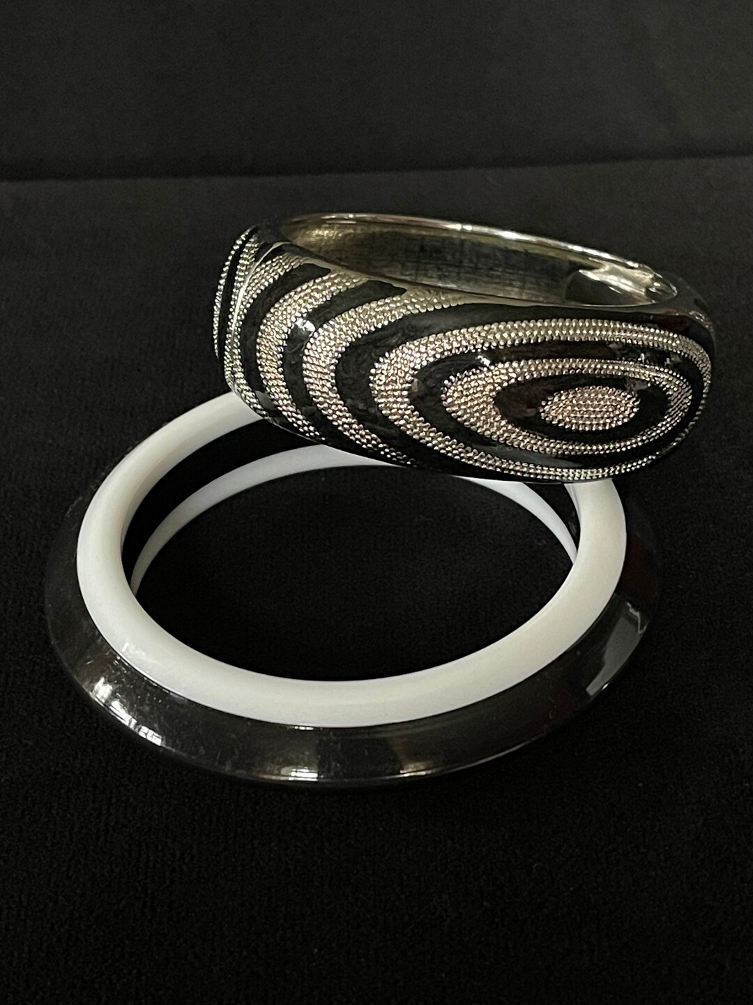1960's 2 Op Art Bangles, 1. Clamper W Textured Silver and Black Enamel ...