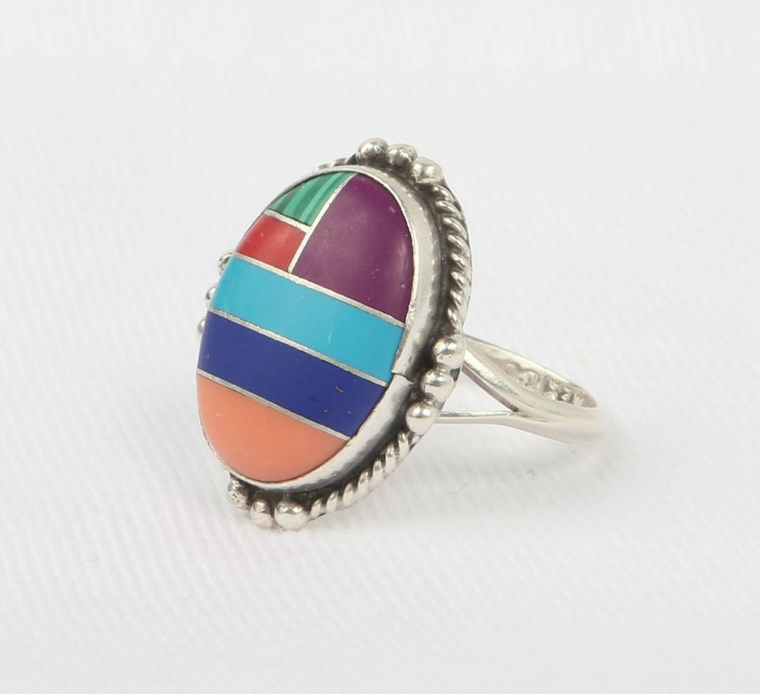 1970's MEXICO Ring Sterling Silver Bezel Set Multi Gem Inlay Oval Dome ...