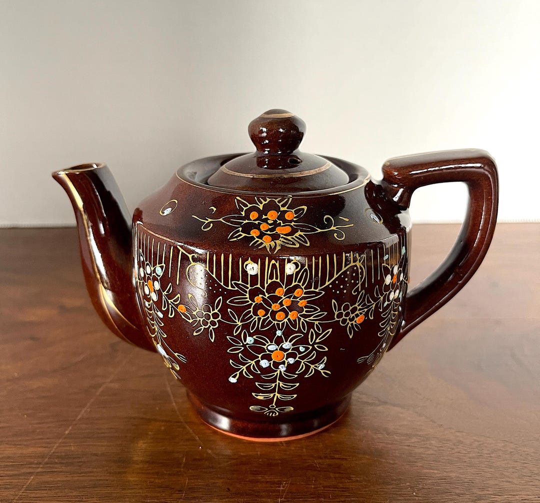 1940's Moriage Brown Glaze Teapot, Japan, Glossy With Hand Applied Gold ...