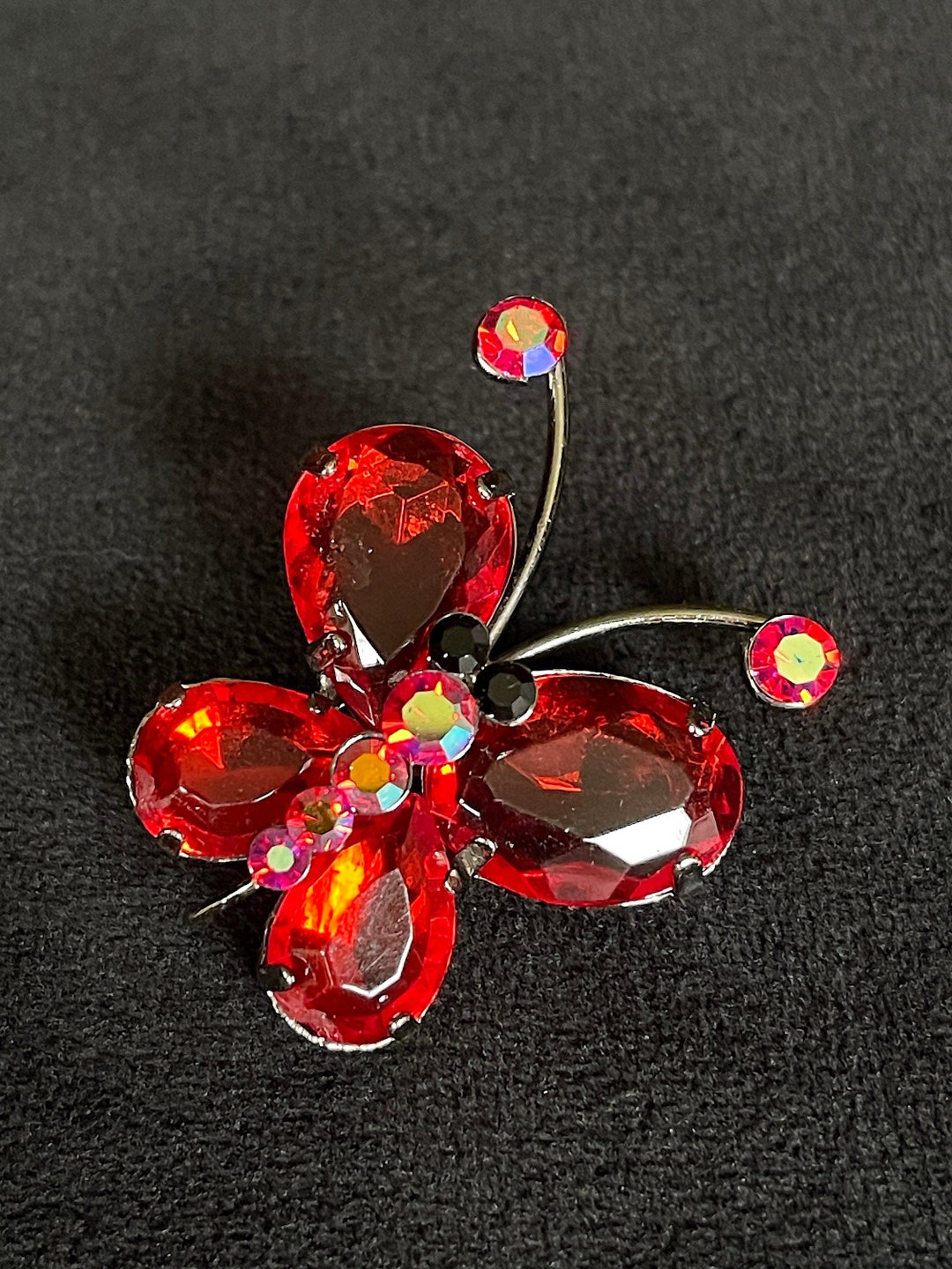 1960's Faceted Lucite Crystals Black, Red, Red AB, Brooch Mounted in ...