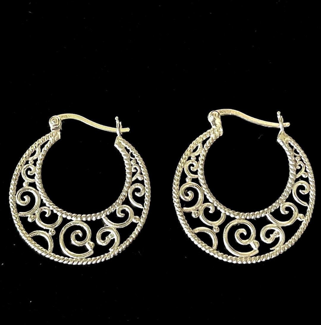 VTG Sterling Silver Side View Open Curls Design Hoop Earrings W Latch ...