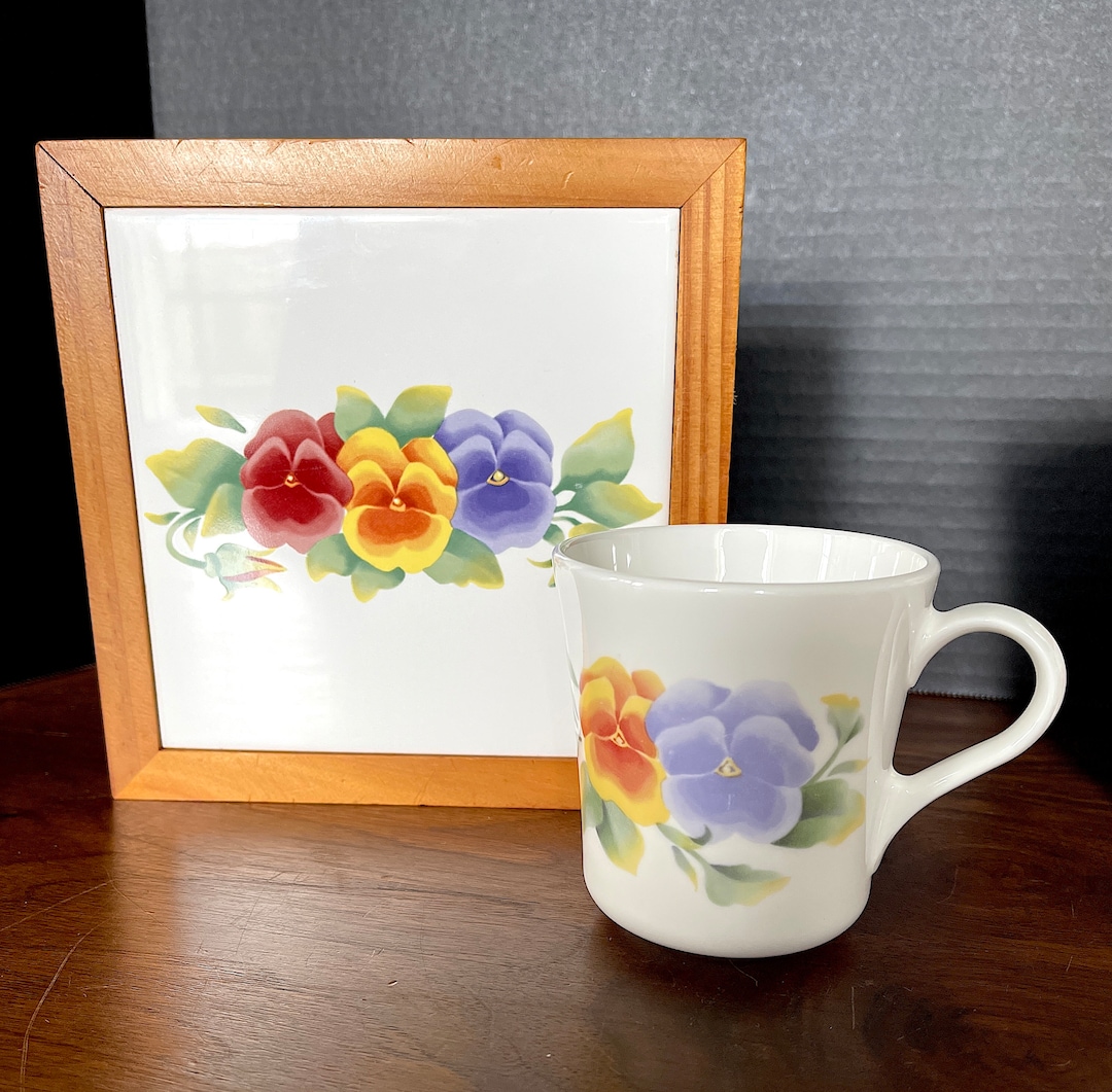 1980's Summer Blush Pansies Wooden Framed Ceramic Tile Trivet, Hot Pad ...