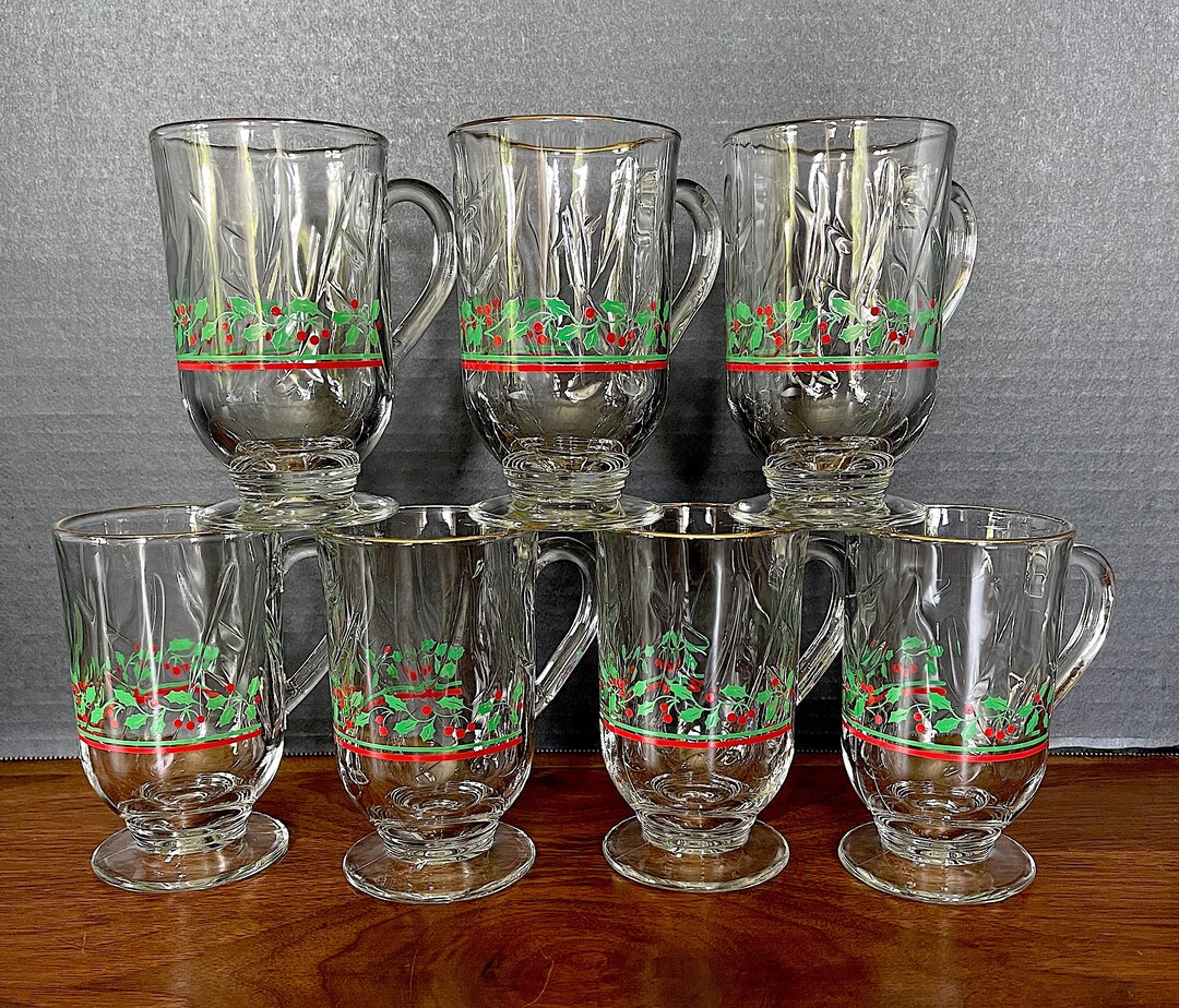1980's LIBBEY (7) Swirl Glass Holly Pattern Irish Coffee Mugs, Gold ...