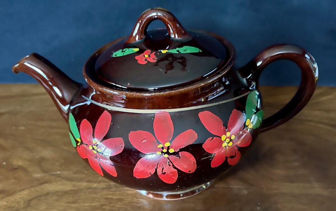 1940's Royal Canadian Art Pottery Brown Coffee Pot W Hand Painted Red ...